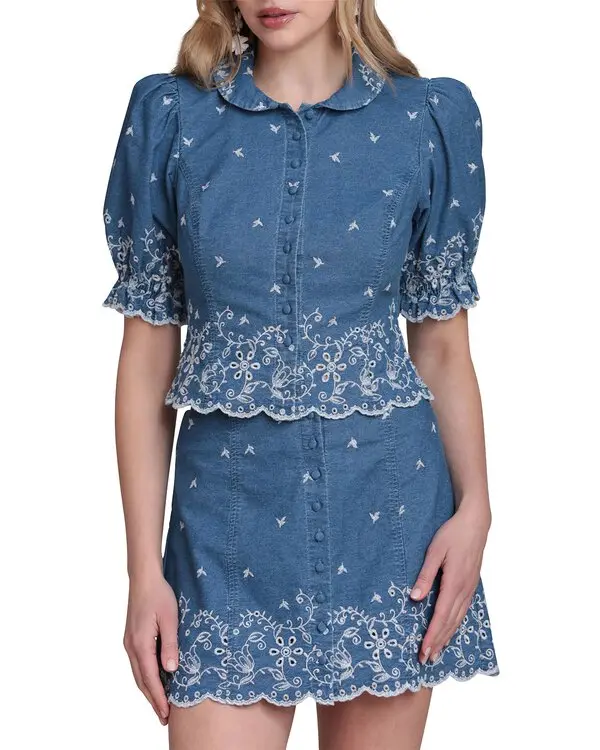 Avec Les Filles Chambray Embroidered Top
