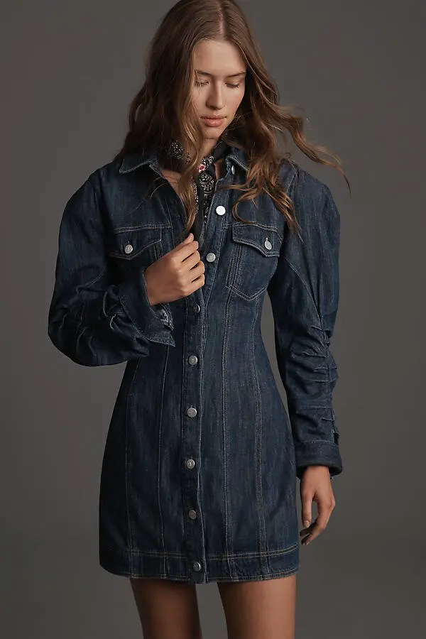 pilcro puff-sleeve seamed denim dress Pilcro Long-Sleeve Button-Front Seamed Denim Mini Dress In Blue - 41% Off