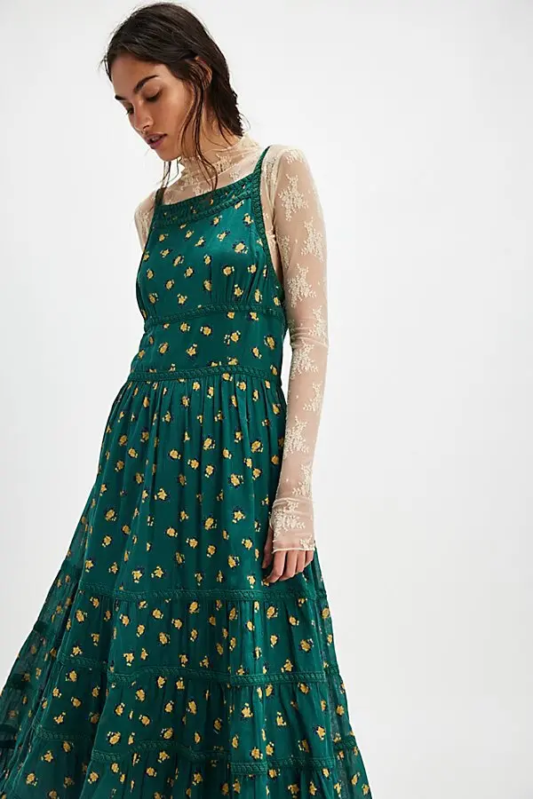 free people emerald green dress Free People Emerald Green Dress with Velvet Sweetheart Neckline Bustier  Bodice with Scalloped Lace, Handkerchief Hem Skirt over Nude Underlay , (4) main image 1
