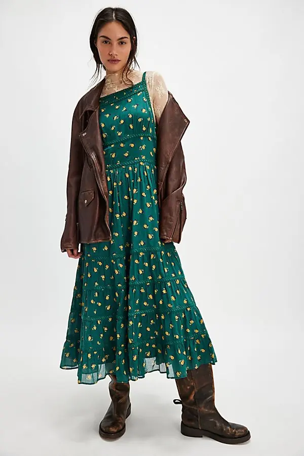 Free People Daydreamer Midi Dress In Emerald Combo - 65% Off | Editorialist