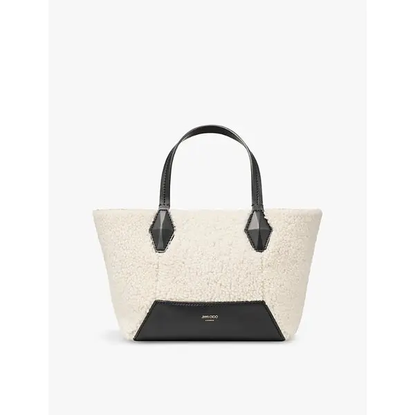 JIMMY CHOO Diamond Logo-embossed Shearling And Leather Tote - Natural
