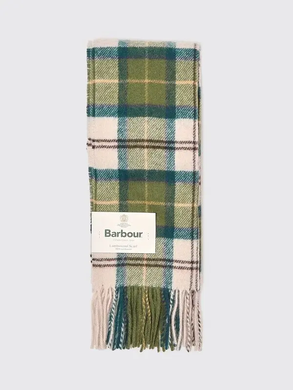 Barbour 100% Lambswool Scarf With Classic Tartan Pattern And Fringes - Grass Green