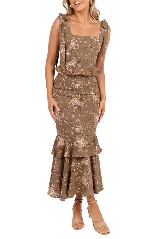 PETAL & PUP Luna Crop Peplum Tank And High Waist Skirt Set - Olive Print