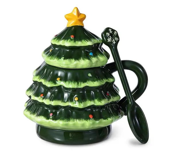GLITZHOME 6.5'h Christmas Ceramic Tree Mug With Lid And Spoon - One-color