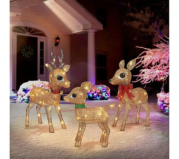 PULEO INTERNATIONAL Set Of 3 Lighted Outdoor Wi Re Frame Deer - One-color