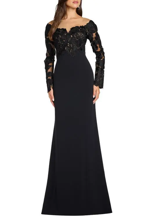 Tadashi Shoji Floral Lace Bodice Long Sleeve Gown - Black/nude