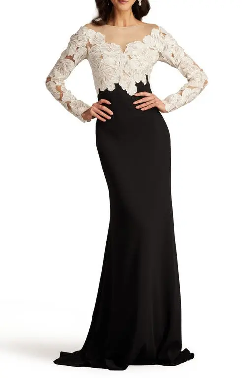 Tadashi Shoji Floral Lace Bodice Long Sleeve Gown - Ivory
