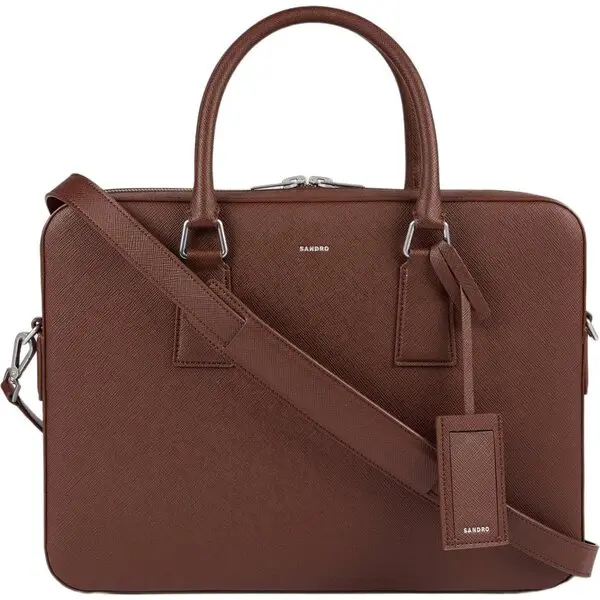 Sandro Saffiano Patterned Reconstituted Leather Briefcase - Cognac