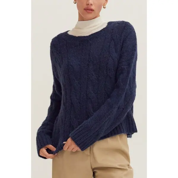 CRESCENT Cable Knit Crew Neck Sweater - Navy