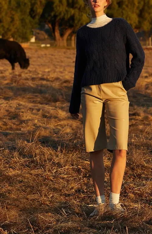 CRESCENT Cable Knit Crew Neck Sweater - Navy