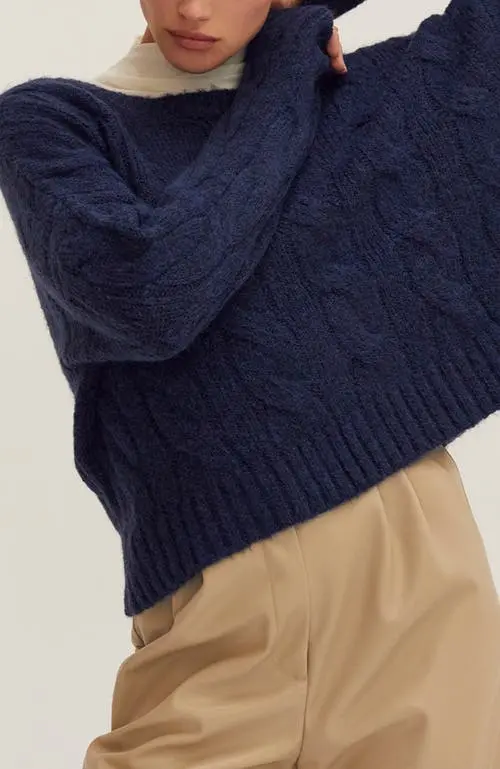 CRESCENT Cable Knit Crew Neck Sweater - Navy