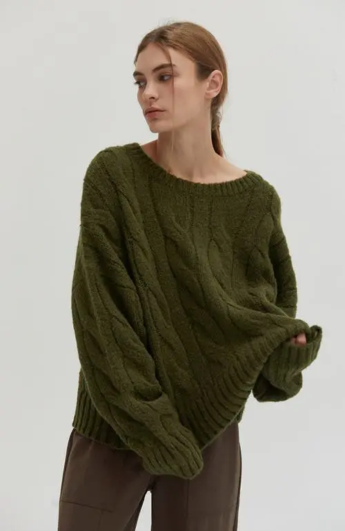 CRESCENT Cable Knit Crew Neck Sweater - Olive