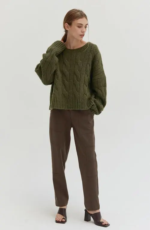 CRESCENT Cable Knit Crew Neck Sweater - Olive
