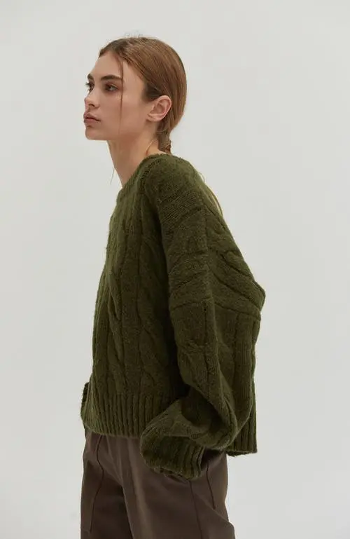CRESCENT Cable Knit Crew Neck Sweater - Olive