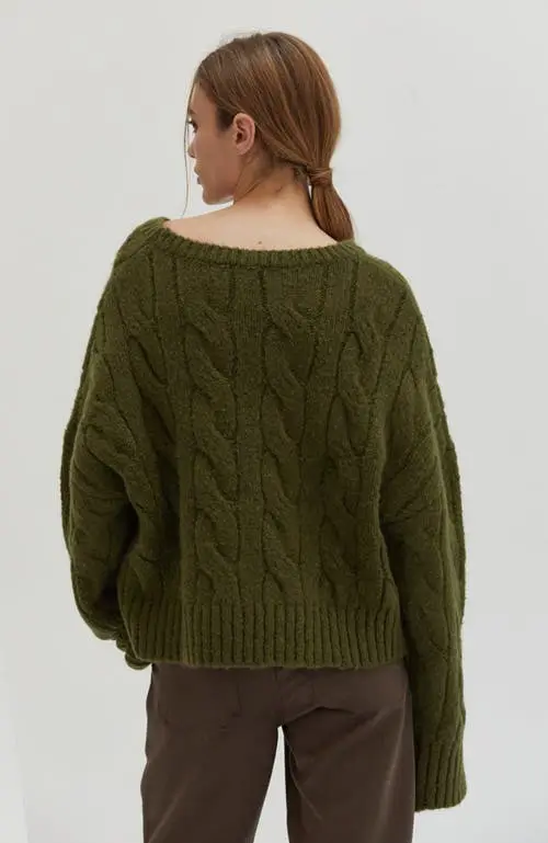 CRESCENT Cable Knit Crew Neck Sweater - Olive