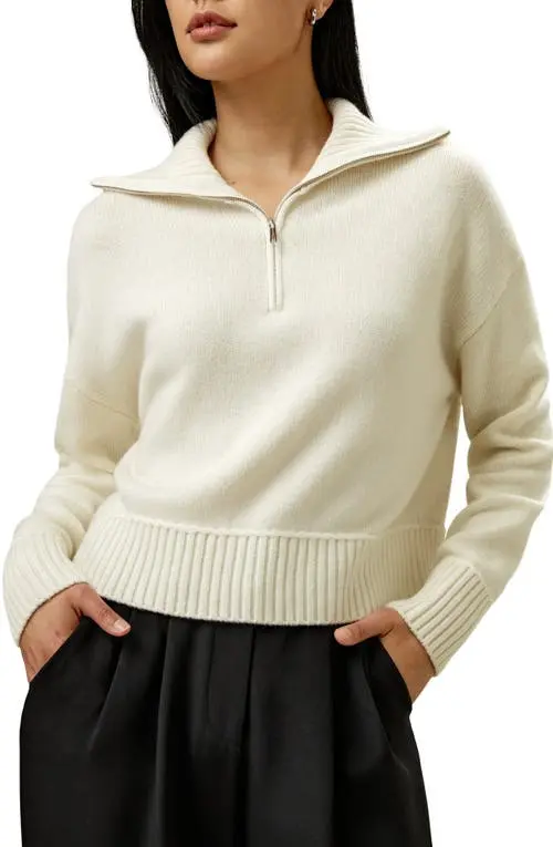 Lilysilk Relaxed Fit Wool-cashmere Blend Sweater With Lapel Collar And Zip-up - White