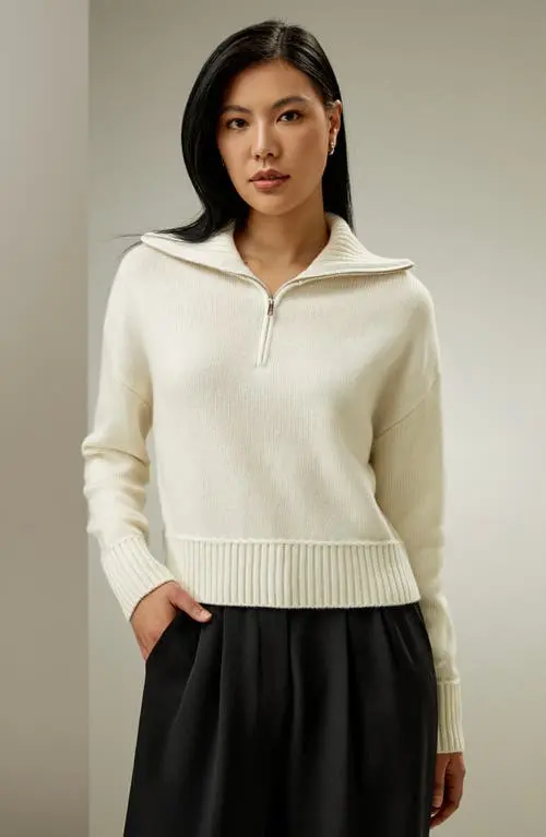 Lilysilk Relaxed Fit Wool-cashmere Blend Sweater With Lapel Collar And Zip-up - White