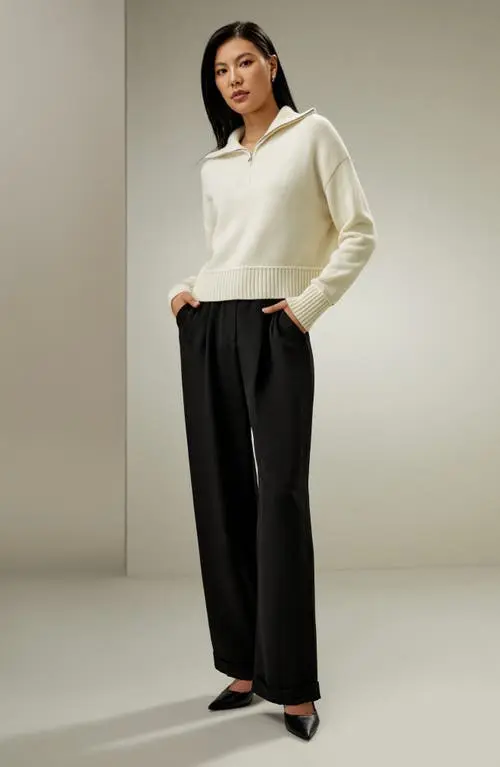 Lilysilk Relaxed Fit Wool-cashmere Blend Sweater With Lapel Collar And Zip-up - White