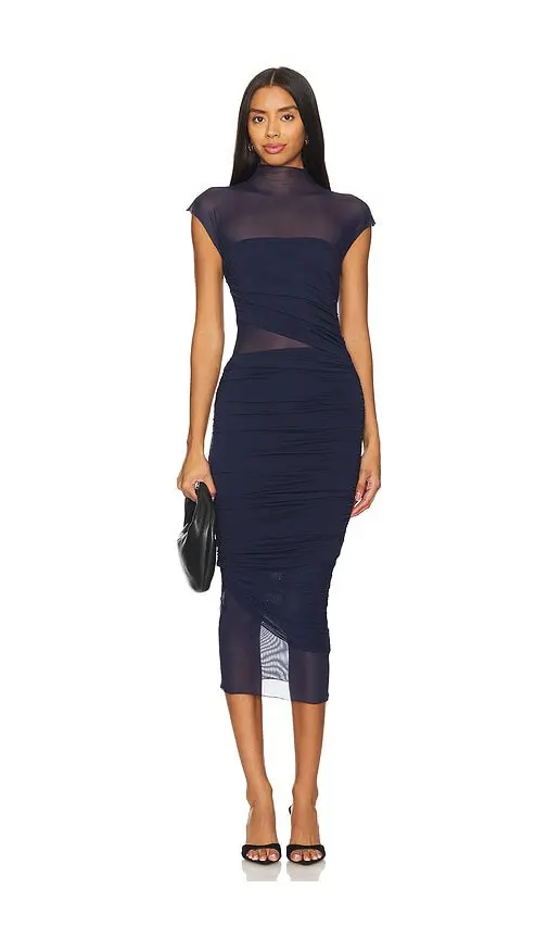 SEROYA Tabitha Mesh Ruched Midi Dress - Navy