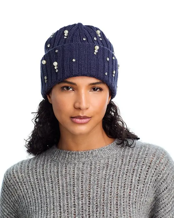Aqua Embellished Cuff Beanie - Navy