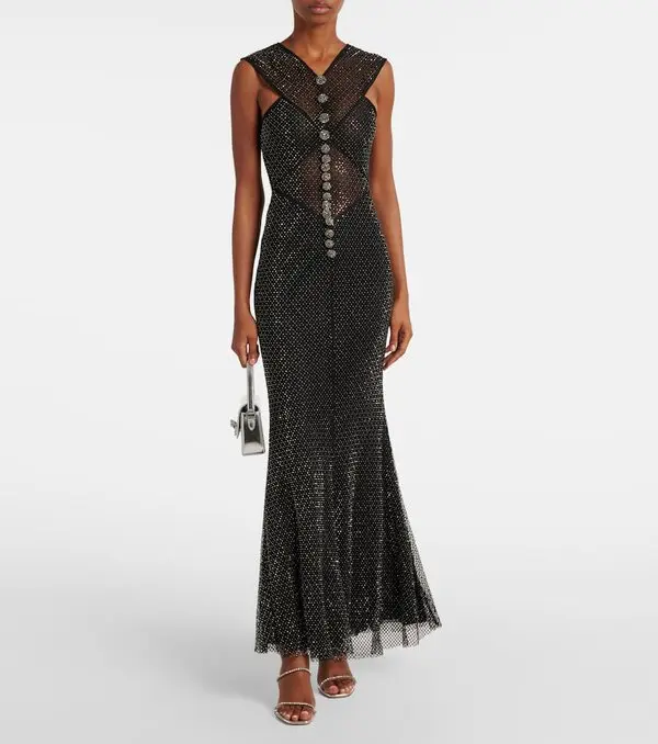 SELF-PORTRAIT Embellished Fishnet Maxi Dress