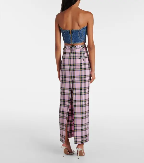 AREA Plaid Wool Midi Skirt