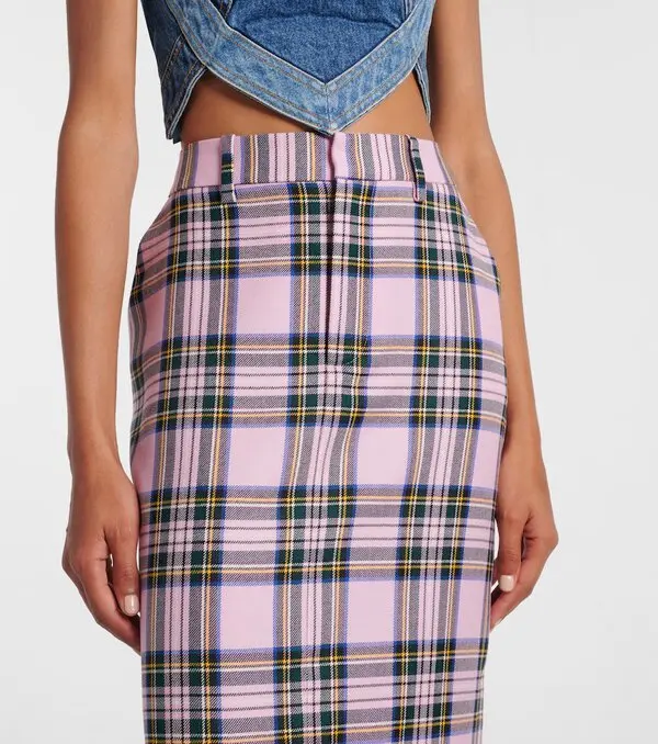 AREA Plaid Wool Midi Skirt