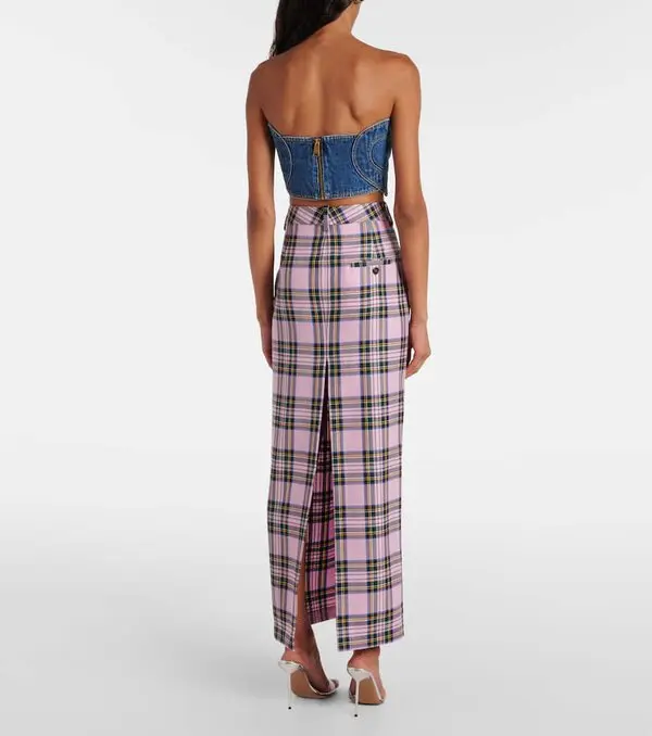 AREA Plaid Wool Midi Skirt