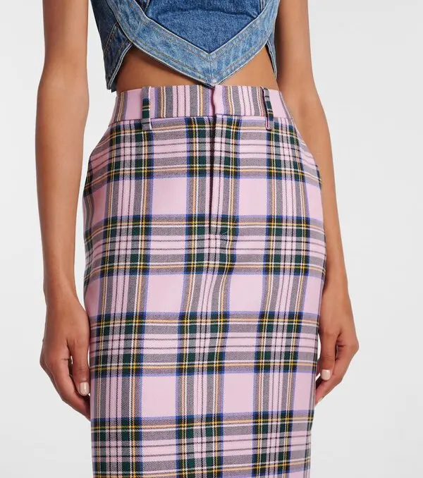 AREA Plaid Wool Midi Skirt