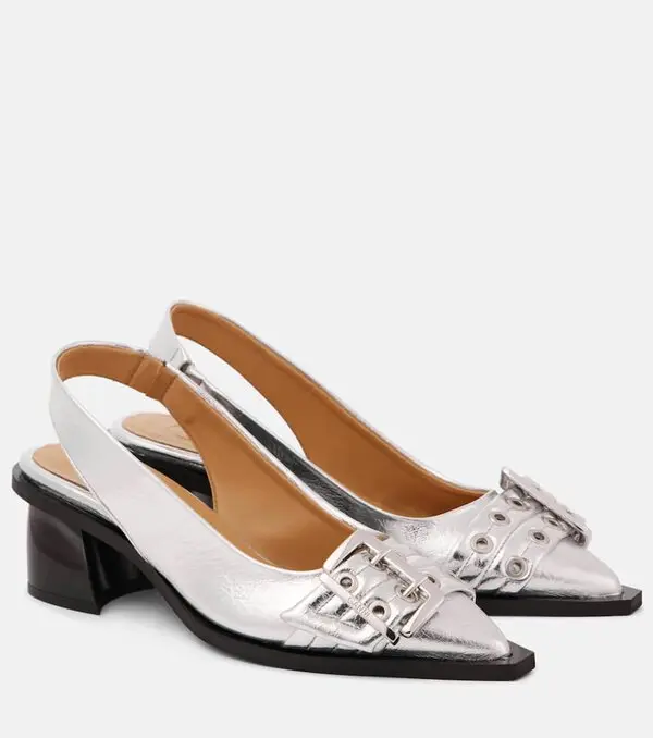 GANNI Faux Leather Slingback Pumps - Silver