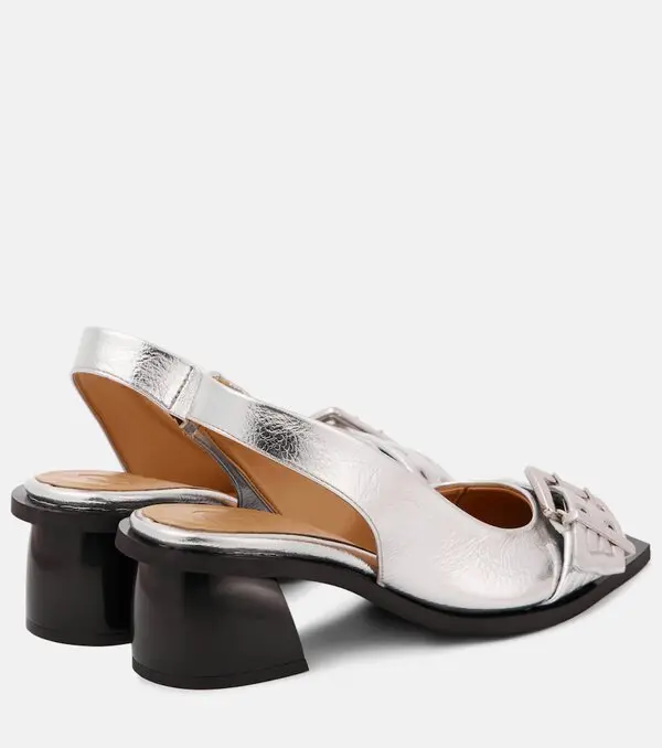 GANNI Faux Leather Slingback Pumps - Silver