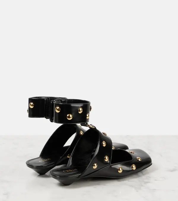 Chloé Studded Leather Square Toe Flats - Black