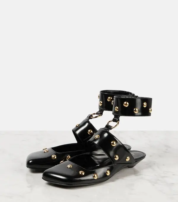 Chloé Studded Leather Square Toe Flats - Black