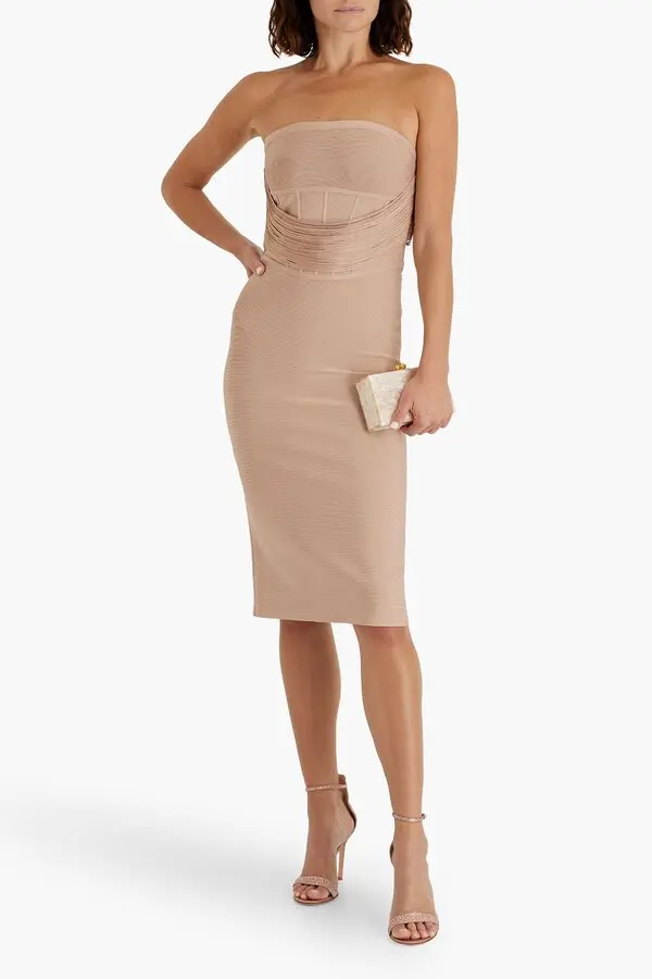 Herve Leger Strapless Bandage Dress With Fringe