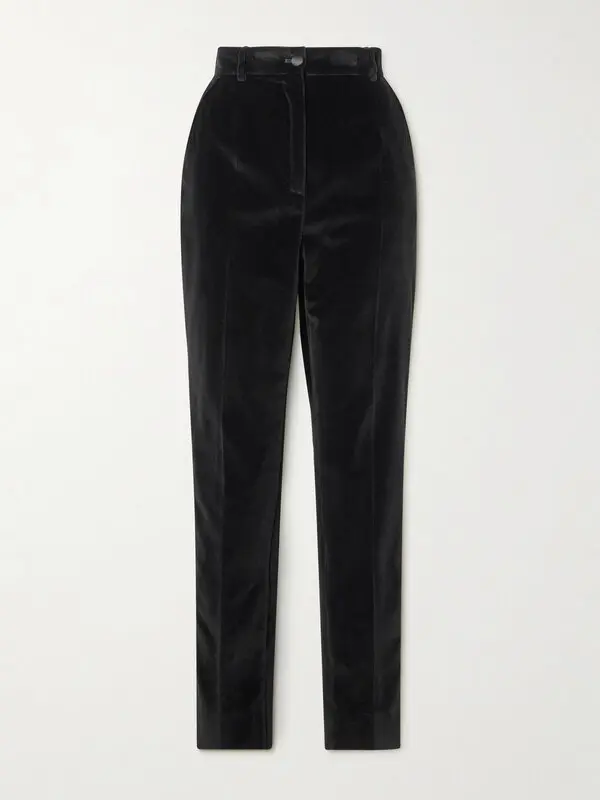 Dolce & Gabbana Satin-trimmed Cotton-blend Velvet Slim-leg Pants - Black