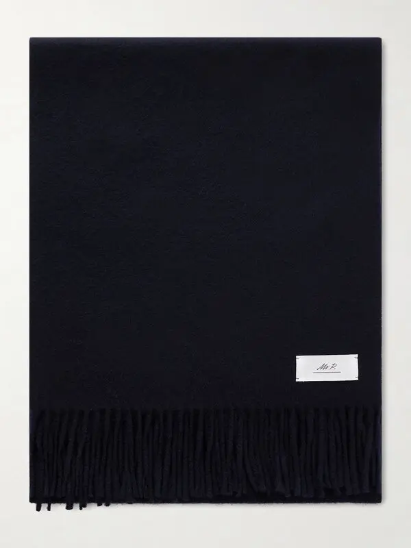 Mr P. Logo-appliquéd Fringed Cashmere Scarf - Blue