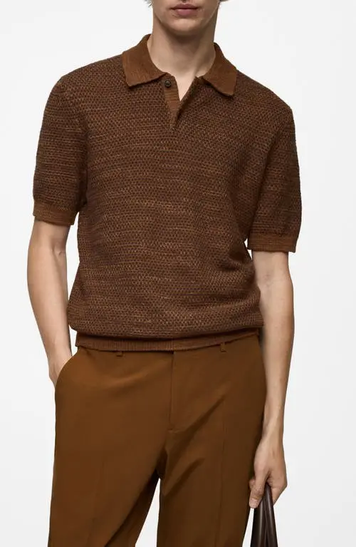 Mango Structured Knit Polo - Brown