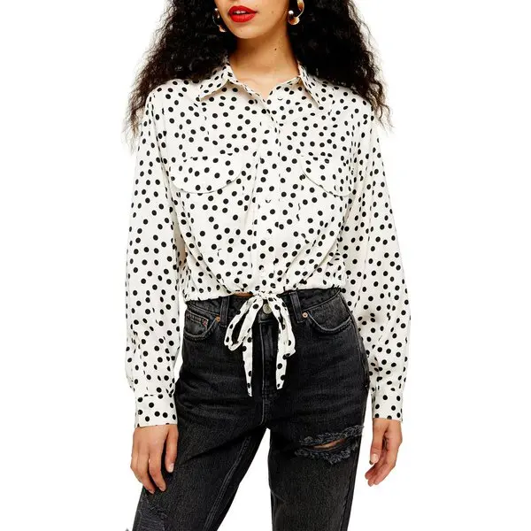 Topshop Polka Dot Drawstring Waist Blouse - Beige