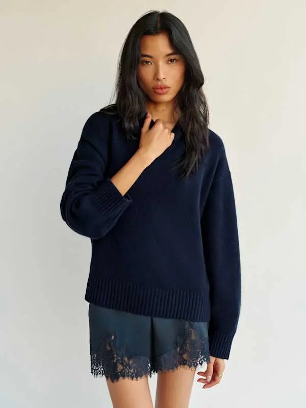 REFORMATION Cove Cashmere Oversized Crew Sweater - Blue