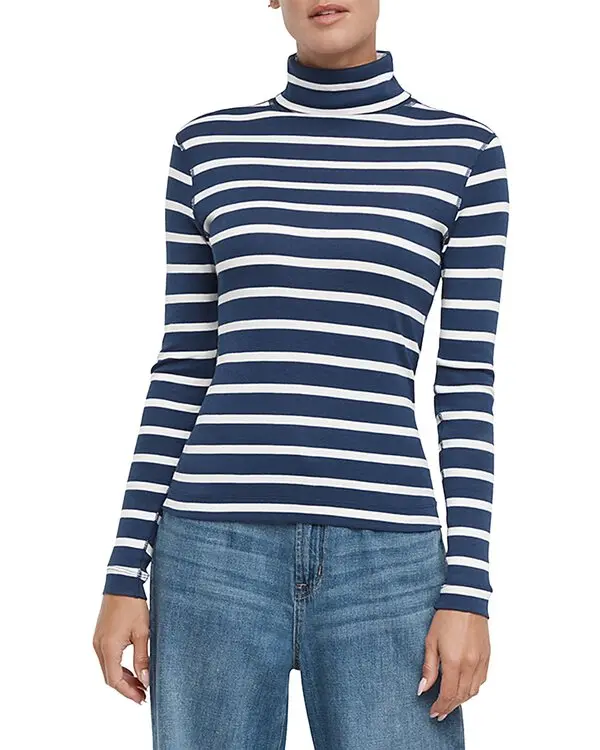 Three Dots Striped Turtleneck Long Sleeve Tee - Medieval Blue