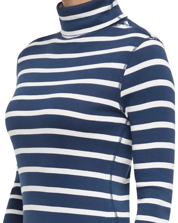 Three Dots Striped Turtleneck Long Sleeve Tee - Medieval Blue