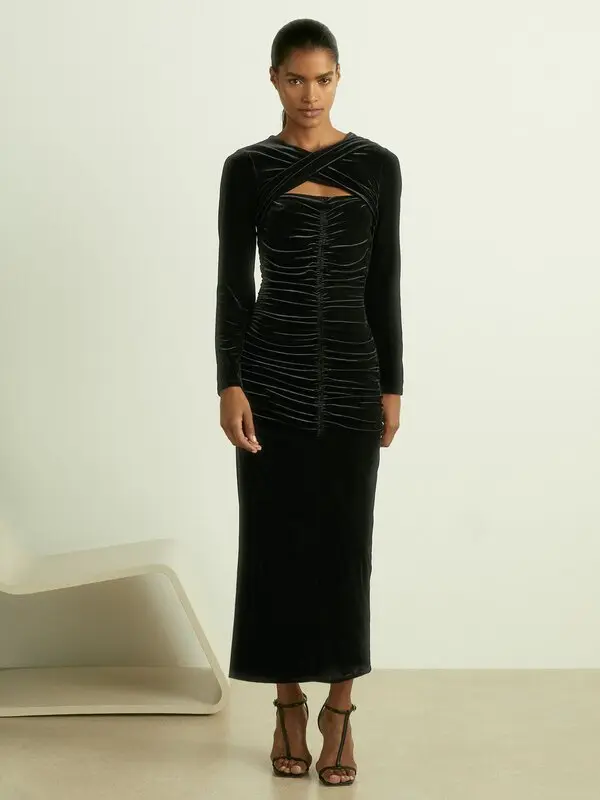 REISS Sia Velvet Ruched Midi Dress - Black
