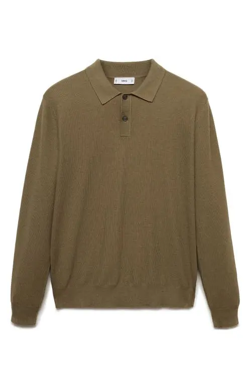 Mango Structured Long Sleeve Polo Top - Medium Green