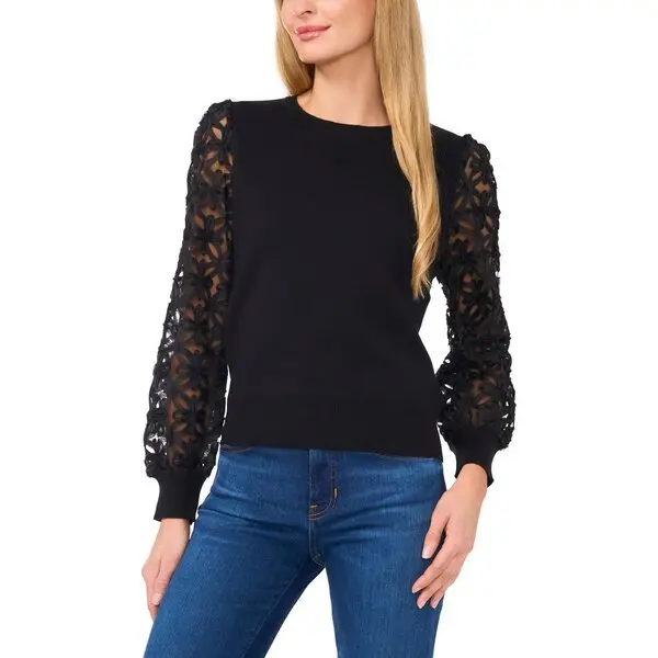 CECE DUPRAZ Mixed Media Lace Sleeve Sweater - Rich Black