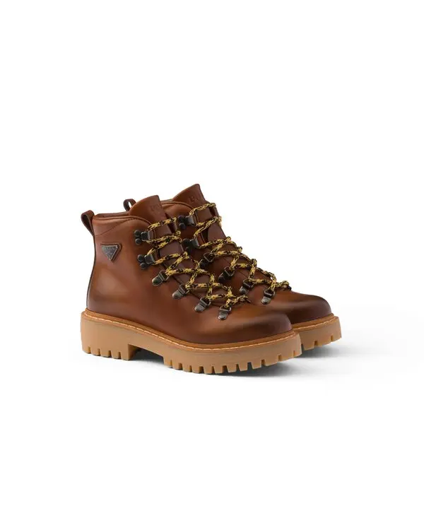 Prada Leather Lace-up Ankle Boots - Brown