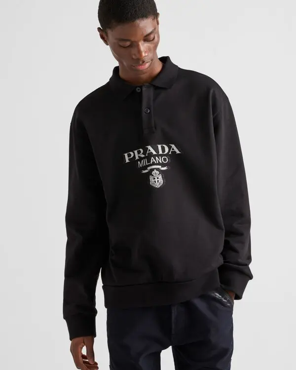 Prada Long-Sleeved Cotton Polo Shirt - Black | Editorialist