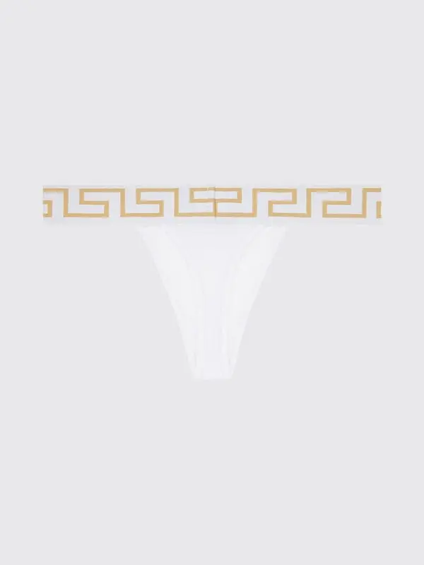 Versace Low-rise Thong In Stretch-cotton With Greca Waistband - White