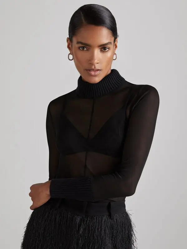 REISS Amber Atelier Sheer-jersey Funnel-neck Top