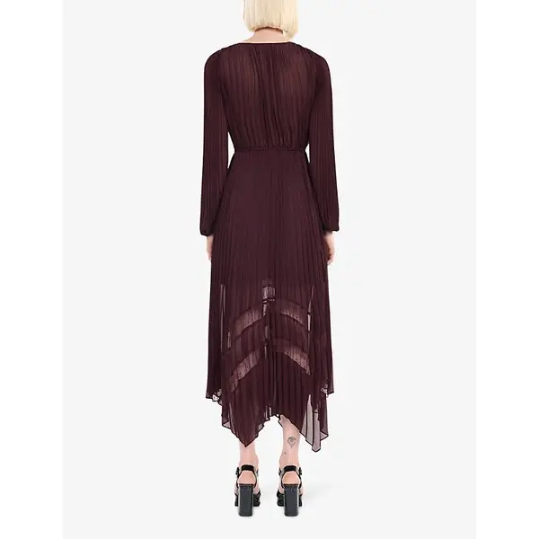 The Kooples Asymmetric-hem Pleated Woven Maxi Dress - Burgundy