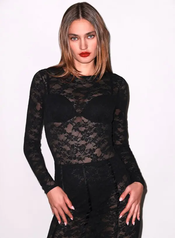 FLEUR DU MAL Le Stretch Lace Long Sleeve Bodysuit - Black